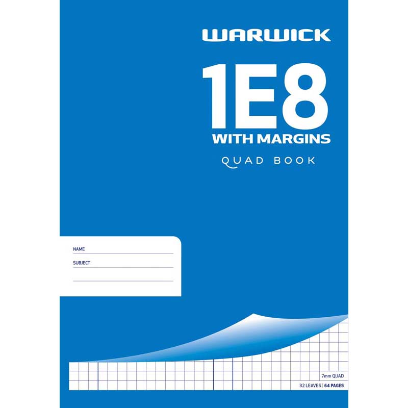 Warwick Exercise Book 1E8 7mm Quad With Margin 32 Leaf A4 - Kiwi Business