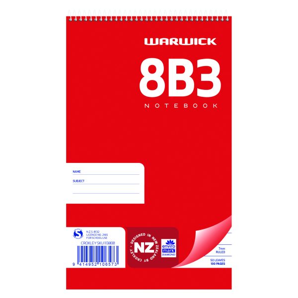 Warwick Notebook 8B3 50 Leaf Spiral Ruled 7mm 100x165mm - Kiwi Business