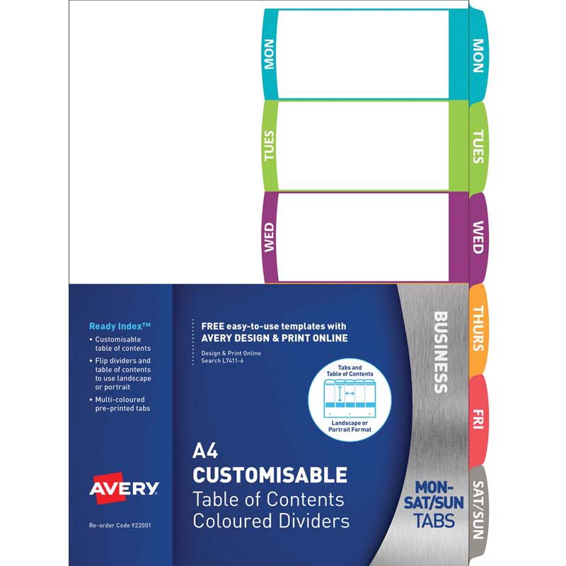 Avery Customisable Table Of Contents A4 Days Of Week 6 Tab Coloured ...