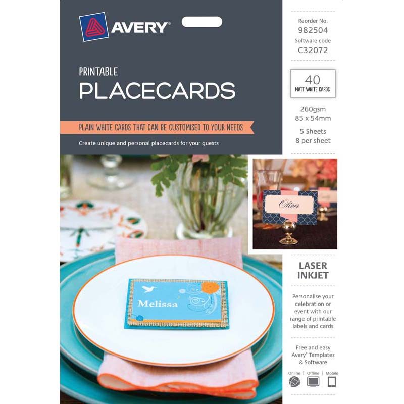 Avery Placecards 85x54mm 8up 5 Sheets Inkjet Laser - Kiwi Business