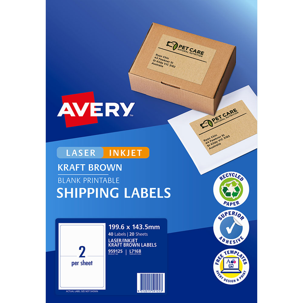 Avery Shipping Labels L7168 Brown Kraft 199.6x143.5mm 2up 20 Sheets ...